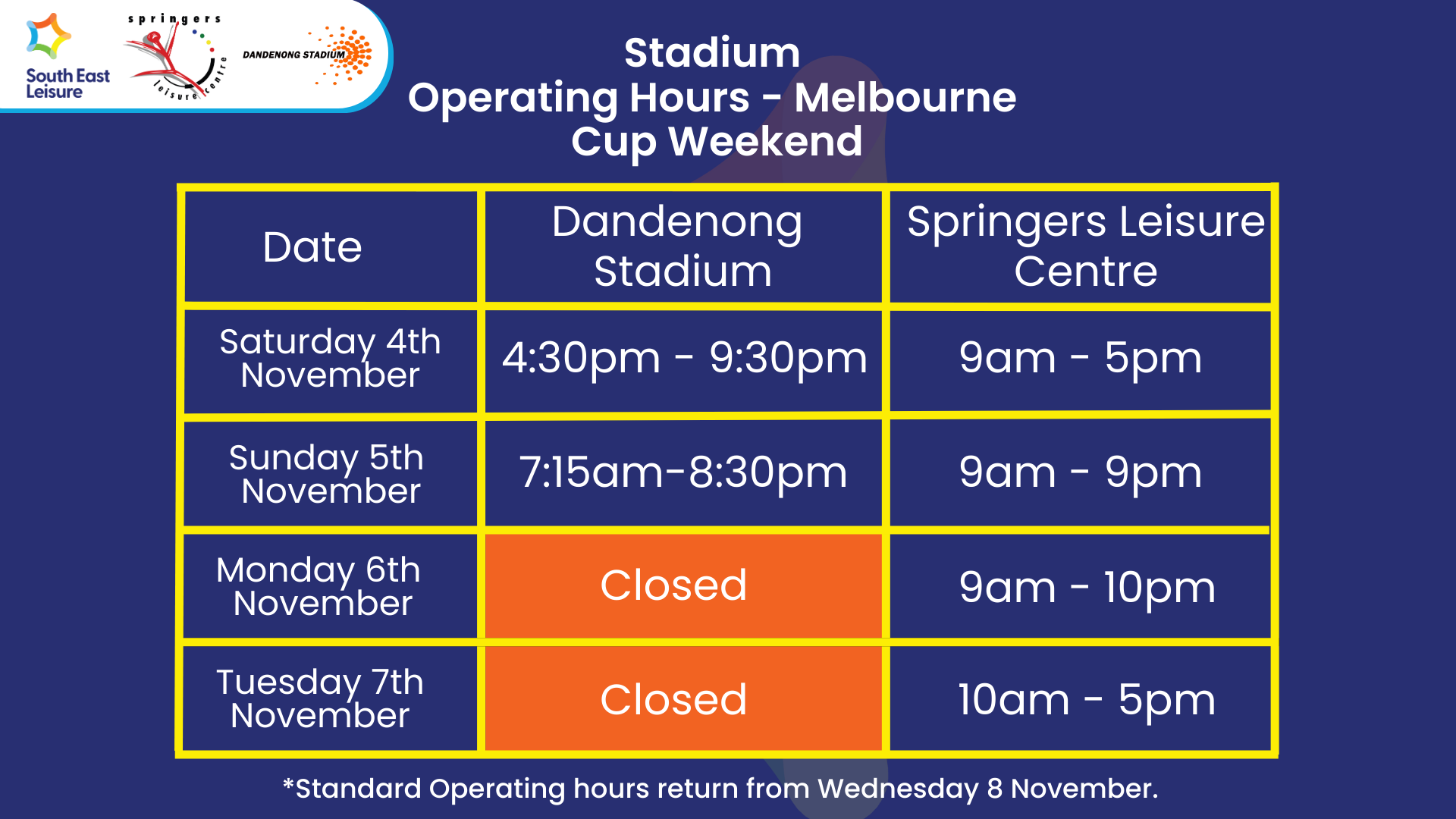 Stadium Operating Hours - Melbourne Cup Long Weekend - Dandenong Stadium